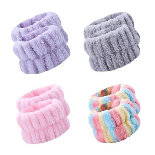 【仕様】セット内容:手首バンド4ペア入り、カラーは:ディープ・パープル、グレー、ピンク、レインボーストライプがの4色をそれぞれ2個、計8個セットです。 【強力な吸水性】リストストラップは吸水性に優れ、洗顔時に水が腕に流れ落ちるのを防ぎます、...