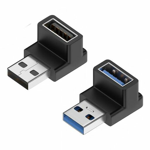 【製品仕様】セットには、L字型上向き下向きUSBアダプター(Aオス-Aメス)が2つ含まれています。90度直角設計で、人間工学に基づいたケーブルの抜き差しが便利になります、スペースを確保するだけでなく、また、ケーブルの折り曲げ及び断線を有効的...