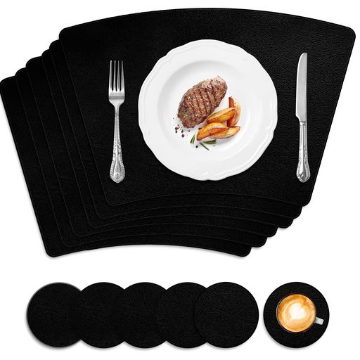 【マットの仕様&amp;色】サイズ:47*33cm/枚重量:約80g/枚。素材:PVC(ヨーロッパのSGS品質検査認証に合格)。カラー:(濃い黒-扇形)パッケージ:6枚プレースマットとコースターセット低臭性で、日常使いにも安心です 【材質】...