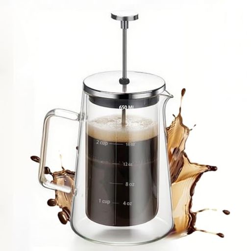 素材:このフレンチプレスコーヒーメーカーは、二層耐熱ガラス容器で-20度から130度までの温度変化に耐え、家庭用として最適。ステンレスフィルター付きで長く使えます。 たった4分で本格コーヒー:洗いやすい一体化設計のため、粗挽きコーヒーとお湯...