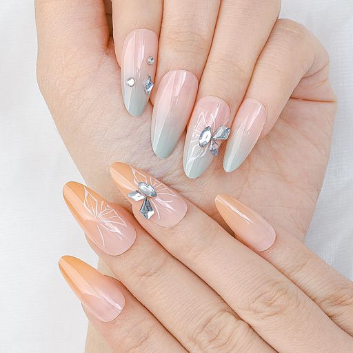 素材:高品質のアクリル素材で作られ、環境に優しく、柔軟で、耐久性があり、再利用可能です。 絶妙なデザイン:オーバル型のつけ爪、オレンジとグリーンの2トーンのグラデーションのつけ爪、ラインストーンで飾られた蝶の模様、とても特別で控えめなマニキ...