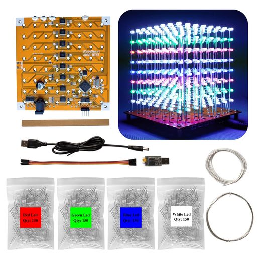 [商品の特徴と用途] 手のひらサイズの8x8x8LEDキューブ, 512ケの丸型3mm単色LEDを組み立てます。日本語の説明書もご用意しております。ベースボード寸法:11x11cm。商品用途:趣味の電子工作、はんだ付けやプログラミングの教材...