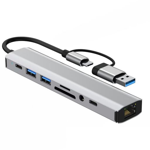 【9-in-2USBハブ】USB-A3.0データポート1つ、USB-A2.0データポート1つ、USB-Cデータポート2つ、100Mbpsイーサネットポート、SD/TFカードリーダー、3.5mmオーディオポート、DC-5V給電ポートが揃えてい...