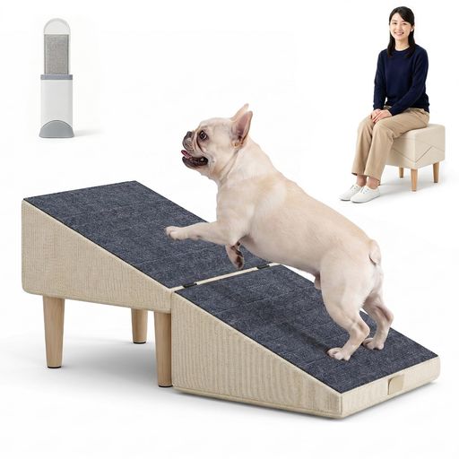 関節 3-in-1 オットマン&amp;スロープ 広げれば犬用スロープ、折りたためばおしゃれなオットマン(フットレスト)に。さらにベッドサイドのスツールとしても使える3WAY設計。使わないときはコンパクトに折りたため、インテリアに調和する1...