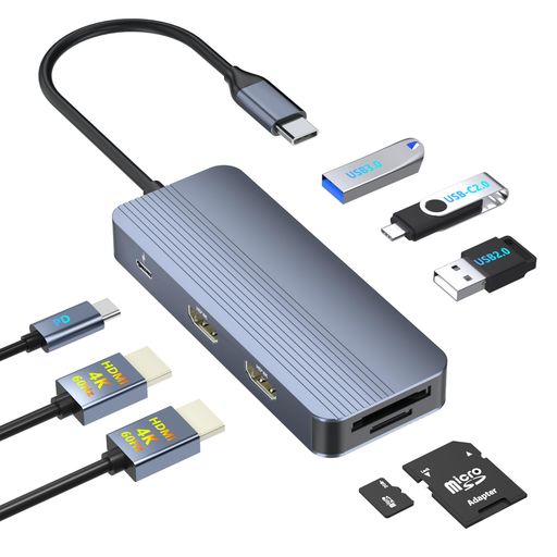 【8-in-1ドッキングステーションHDMI2つ】1台あると便利なラップトップPC向けドッキングステーション。ポート構成は【2xHDMIポート(最大4K@60Hz出力対応)+2xUSB-Aポート+1xUSB-Cデータポート(映像出力・充電非...