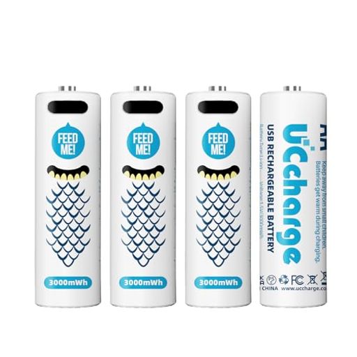 簡単充電: UCcharge 単3電池はUSB-Cポートで簡単に充電でき、専用の充電器は不要です。付属のUSB-Cケーブルで4本の電池を同時に充電可能、アウトドアや旅行先での使用に最適です。 高容量&amp;高速充電: 3000mWh(20...
