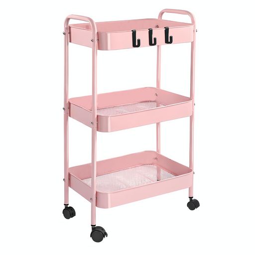 【移動性と基本機能】ピンク棚付き3段ラックは、キッチンワゴンとして調味料ラックやシンク下収納に最適。幅30cmのスリム設計で隙間収納可能。キャスター付きワゴンだからリビングからベッドルームまで移動式ラックとして楽々移動。省スペース収納でキッ...