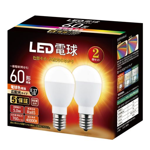 本体サイズ:外径35mmx長さ69mm口金:E17光色:電球色相当 定格消費電力:5.0W、本体重量(kg):0.046 全光束(ランプ単体の明るさ):一般電球60形相当760lm ミニクリプトン電球同等サイズのLED電球広配光(配光角約1...