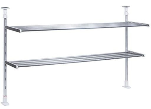 サイズ:全長91.4x奥行23.6x全高55~90cm 材質:支柱/アルミ、ステンレス、金具/ステンレス、樹脂部/PP、PE、ABS、ナイロン、棚/金属部:ステンレス、樹脂部/PP 原産国:日本