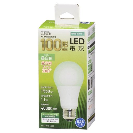 寸法:全長...118mm、最外径...60mm 質量:110g 定格消費電力:11W 定格入力電流:210mA 全光束:1560lm