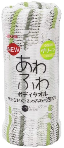 サイズ(伸長時):約30x100cm、材質:ポリエステル95%、ポリエチレン5%、耐熱温度:90度、生産国:日本 やさしい泡立ちのやわらかボディタオルです。 伸縮性があり、ふわふわの泡で体をやさしく洗えます。