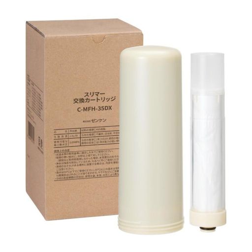 PFOS低減 スリマー(MFH-35DX)用交換カートリッジ ろ材の種類:活性炭、不織布、中空糸膜 ろ材の交換時期:1年(1日20L使用の場合)※浄水能力の短い物質を基準とする 許容温水温度:~50°C 生産国:日本