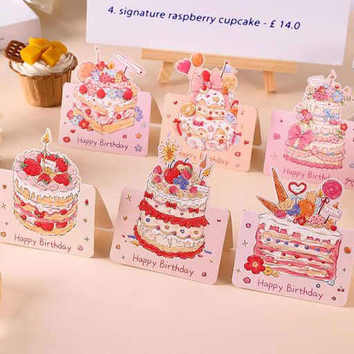 誕生日カード 【6 種類の可愛いケーキデザイン】水彩風に描かれた 6 種類の異なるバースデーケーキデザインがセットになったミニメッセージカードです。イチゴのショートケーキやフルーツたっぷりのケーキ、パステルカラーの可愛いデコレーションケーキ...