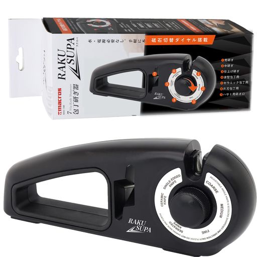 寸法約W24xD6xH9cm、重量:約250g、材質:ABSTPEステンレスセラミック、研磨対応素材:ステンレス/セラミック/炭素鋼/ダマスカス鋼、使用環境温度:-40°C~80°C 水・電源いらずの簡単操作!ダイヤルをセットし、ハンドルを...