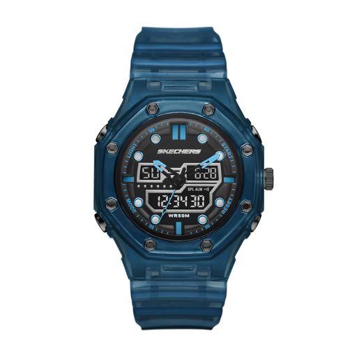 ケース径45mm、バンド幅30mm、ミネラルクリスタル、デジタルムーブメント、アナデジアナログ表示、輸入品。 その他ポリカーボネート製ケース、ブラックダイヤル。 ブルー、ポリウレタンバンド。