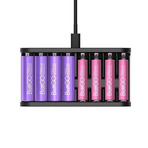 【8スロット独立充電】単3形(AA)・単4形(AAA)・10500・12500サイズの充電池に対応。1~8本を同時にセットでき、各スロットを個別に制御するため、必要な本数だけでも充電できます。 【幅広い充電池に対応】Ni-MH、Ni-Cd、...