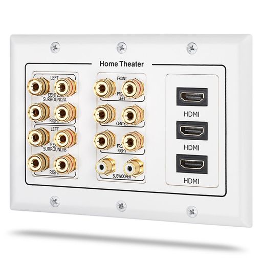 7.2 SURROUND SOUND AV ウォールプレート高品質の金メッキコパーコネクターで造られ、酸化及び腐食に抵抗する。取り付けや取り外しは簡単で、ハンダ又は特別なツールが不要。 カラーコードされたサムスクリューでフロント及びバックに...
