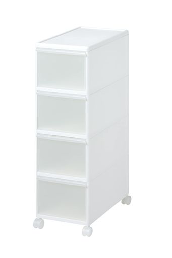 本体サイズ:約W25.5xD46.5xH83cm 引き出し内寸:(一つあたり)約W21.3xD43.1xH16cm 重量:約6.3kg 耐荷重:天板/約2.5kg、引出し(一つあたり)/約5kg 素材:本体・引出し/ポリプロピレン、(キャス...