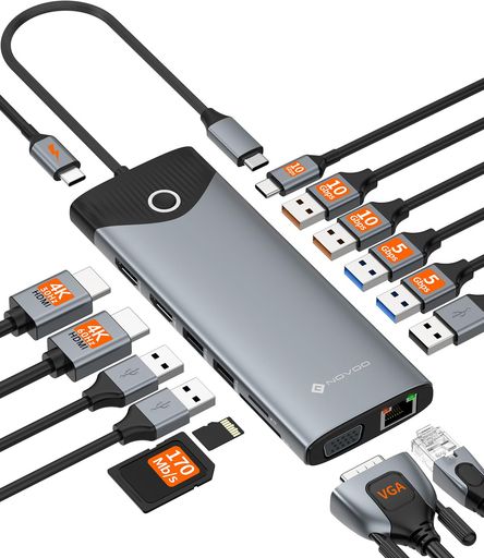 🔌【15ポート一体型・30cmケーブルで快適接続】 NOVOO 15-in-1 USB-Cドッキングステーションは、HDMIx2・DPx1・USB-Ax3・USB-Cx2・SD/TFカード・音声ポート・RJ45有線LANなど...