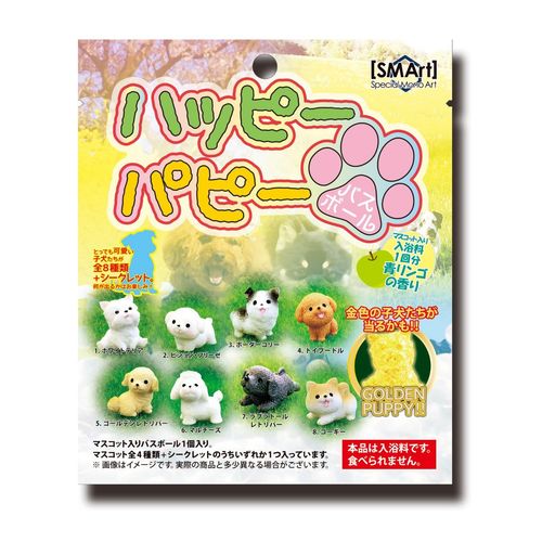 サイズ:直径約60mm 入浴料1回分:青りんごの香り お風呂にバスボールを入れると、しゅわしゅわ発砲しながらバスボールが溶けます。バスボールが溶け切ると中からマスコットが出てきます8分音符 とっても可愛い子犬たちが全8種類です。何が出るかは...