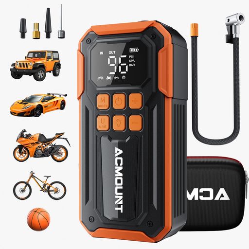 【パワフル空気入れ|30L/分&amp;160PSI】Acmountのエアコンプレッサーは、高性能チップとパワフルモーターを搭載しており、毎分30Lの大風量を実現し、最大160PSIまでの高圧充填が可能です。乗用車のタイヤ(25-36PSI...