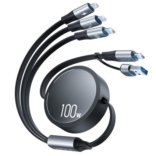 【3in2巻き取り式充電ケーブル&amp;最大100W充電対応)】本製品は、100W対応のUSB-C巻き取り式充電ケーブルです。2in1のUSB-A/USB-C入力ポートと、3つの充電ポート L/タイプ C/マイクロ USB)を搭載しており...