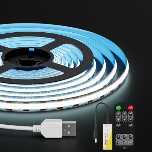 「超明るい」 DC5V 320LEDs/m 2M 8mm 6000K 昼光色。5V COB LEDテープライトが卓越した照明効果を実現!従来のSMD LEDテープライトとは異なり、COB LEDテープライトはほぼ暗点がなく、180度のビーム...