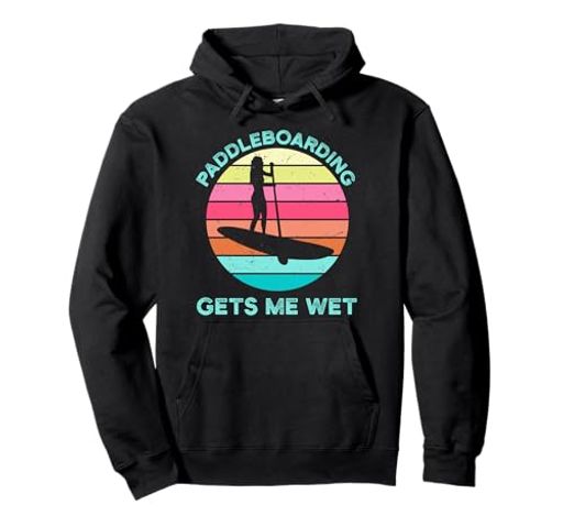「Paddleboard Gets Me Wet」の文字にユーモラスで面白い駄洒落。パドルボードやビーチで波をキャッチするのが好きな人のために、レトロなヴィンテージデザイン。スタンドアップパドルボードとパドルボードのシルエット。 素晴らしい...
