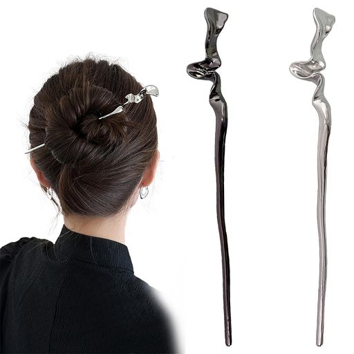 【2点セットの金属ヘアスティック】:この2点セットのヘアスティックは、金属の不規則波線デザインで、シンプルでシックなスタイルを提供します。和装や浴衣、着物にはもちろん、日常の髪飾りとしても最適です。17cmの長さで、女性や少女の髪型に適した...