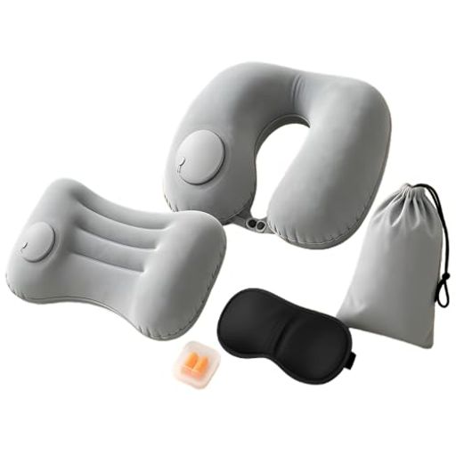 【セット】空気入りU型枕*1個(35cm*25cm)空気入りクッション*1個(43*28*11cm)アイマスク*1個、耳栓*1対、収納袋*1個 【押し込み式膨らませ】エアポンプで膨らませます。強く息を吹き込む必要はありません。膨らませバルブ...
