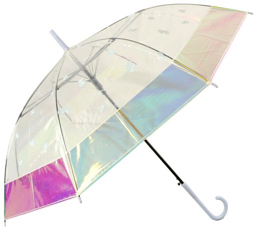 雨 サイズ:(親骨)親骨58cm(直径)98cm、骨の数:8、重量:340g、素材:(親骨)軽量丈夫耐風グラスファイバー、(中棒)鉄、(手元)PP、(生地)撥水ポリエステル、開閉方法:ジャンプ ビニール傘でありながら、オーロラ色の切り継ぎに...