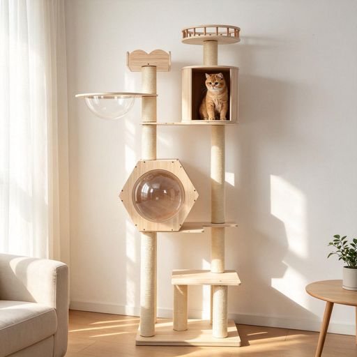 クライミング 【2種類の高所展望台で快適な見晴らし空間】 雲形と円形の2タイプの展望台を搭載し、猫ちゃんが好みに合わせて自由にくつろげます。360°の開放的な視界を楽しめるだけでなく、ナチュラルなデザインがお部屋のインテリアにも自然に馴染み...