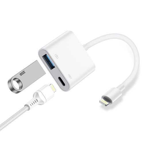 【2in1LightningUSB変換アダプタ】iPhoneUSBカメラアダプタには急速充電ポートを搭載しており、写真やビデオ転送中にデバイスを充電し、バッテリー不足によるデータ転送の中断を回避します。この一台で、デバイスの使用中にも電力を...