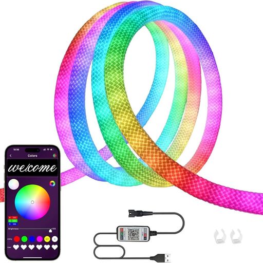 【アドレス可能RGBICネオンライト】は5VUSB給電に対応した1m仕様で、内蔵WS2812BICにより、コントローラーを通じてカーテン効果、流水効果、雨滴効果、ジャンプフラッシュなど、多彩な光効果の追従変化を実現可能です 【360°均一発...