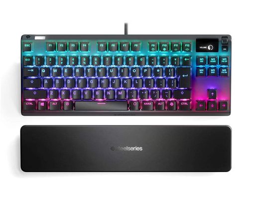 SteelSeriesのゲーミングキーボードApex 7 TKLはテンキーレスで有機ELスマートディスプレイを搭載し、一体型コマンドセンターに設定の調整、プロファイルの変更、およびオンザフライのアップデートの表示に関する重要な情報がTabを...
