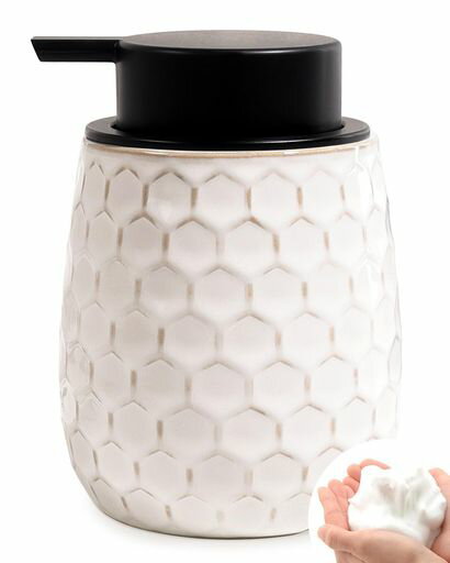 ソープディスペンサー:ハンドソープボトルのサイズは高さ約13cmx直径約9cm、重量はわずか約0.43kg、内容量は約320mlです。ディスペンサーは、ハニカムで絶妙に仕上げられており、インテリアとしてもどんな場所にも合えます。 材質:高品...