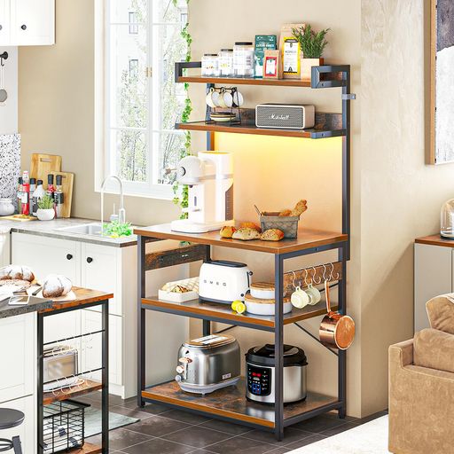 【収納力满点】もうキッチンの整理に悩まされることはないです!上下合わせて5の棚板で巨大な収納力を提供し、上段は小物や調味料の収納に便利で、中段の広々とした大天板は大型の調理器具や家電を置くのに十分な広さを確保しています。下段の可動棚2段も収...