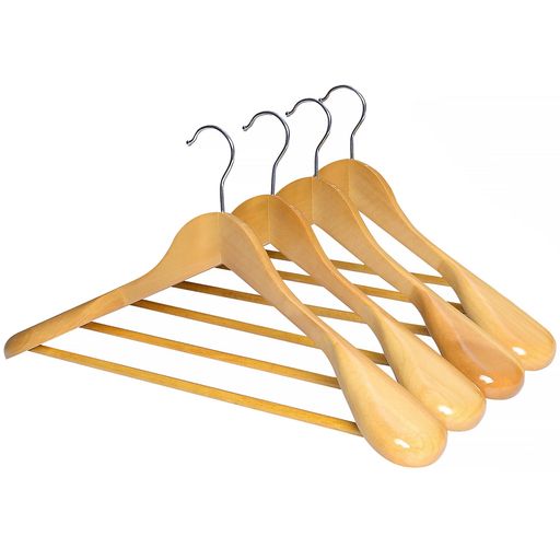 【商品仕様】1箱あたり4個入り。梱包サイズ:長約 34.5cm*幅約34cm*高さ約 7cm。商品のサイズ:幅約 45cm*肩厚5.5cm*高さ約 23cm。 【滑り止め設計】ハンガーのカーブが衣類にぴったりフィットし、シワを防ぎます。 両...