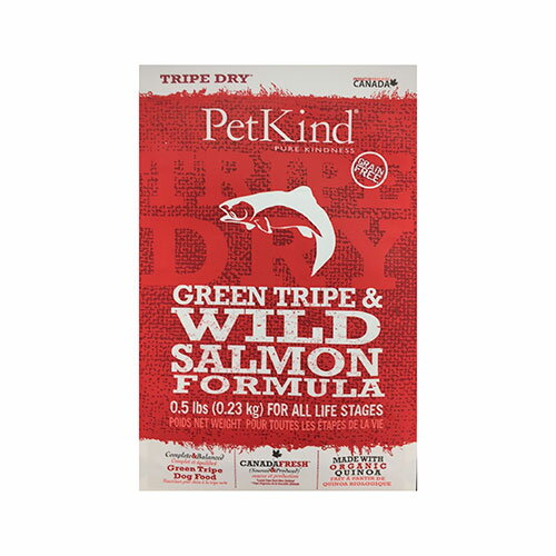 [原材料] ラムトライプ、サーモン、エンドウ豆、エンドウ豆澱粉、七面鳥ミール、エンドウ豆タンパク、キャノーラオイル（ローズマリー抽出物による保存処理）、亜麻仁、ナチュラルフレーバー、キノア、カボチャ、ホウレンソウ、ニンジン、ブロッコリー、ク...
