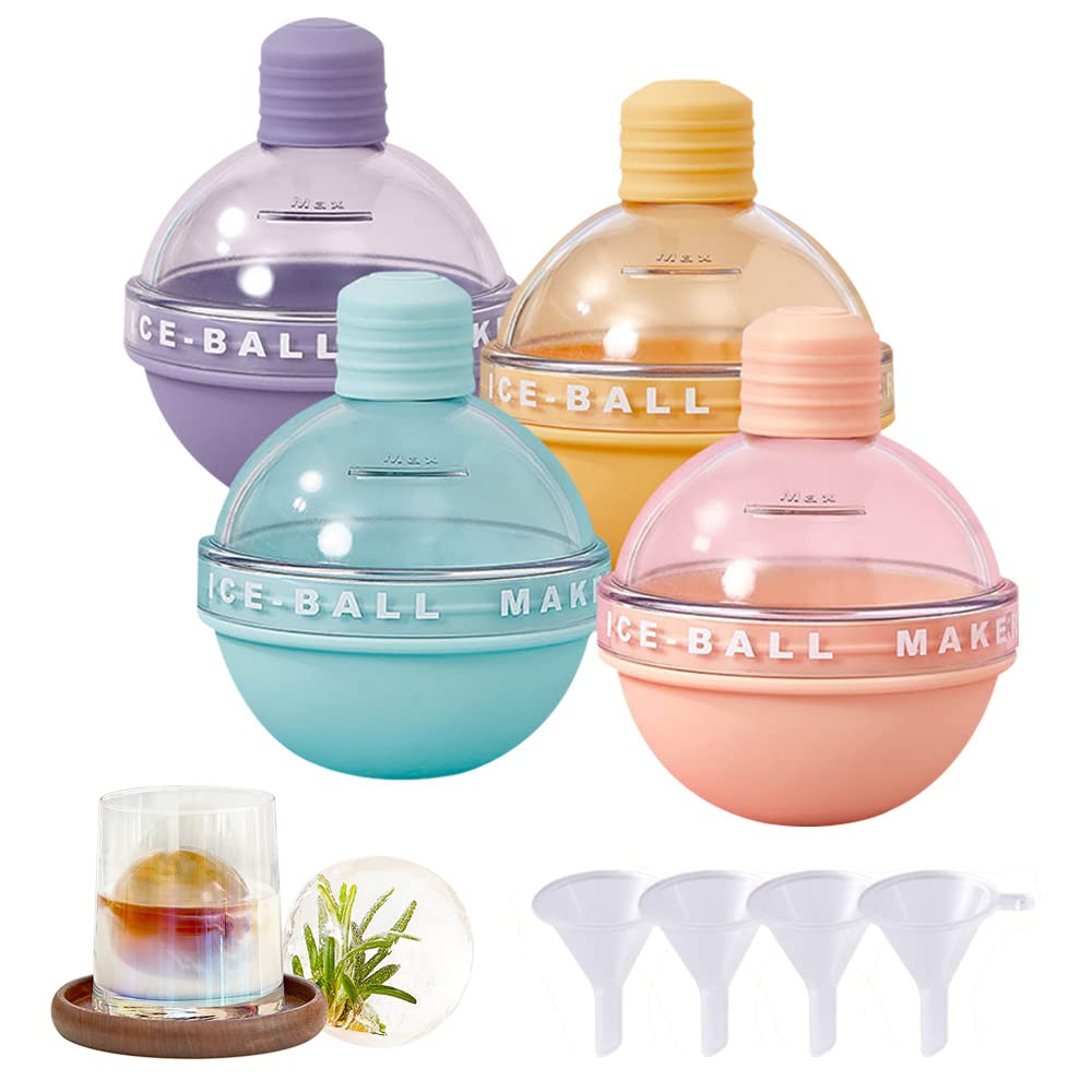★【製品情報】サイズ：6.7 * 6.7 * 8cm。材質：シリコーン、AS。色：青、紫、ピンク、黄色。パッケージの内容:4つの製氷皿+4つのファンネル。このかわいいキャンディーカラーの電球ボール角氷型は、あなたの冷蔵庫に美しい追加です。レ...