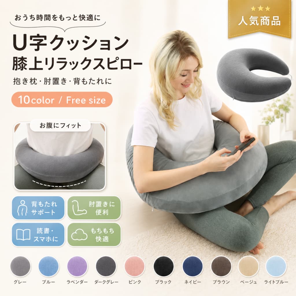 📦 製品概要 三日月型の膝上クッション。読書やテレワーク時の膝上テーブル、授乳クッション、背もたれクッションとしても使えるマルチアイテム。マタニティ期からベビーまで幅広く活用可能。 💡 商品特長 ӽ...