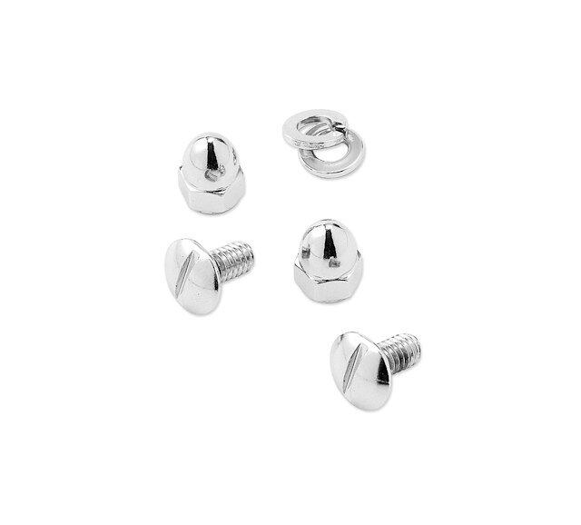 キットには、クロムメッキの1/4インチ袋ナット2個、クロムメッキの1/4-20ネジ2本、クロムメッキの1/4インチロックワッシャー2個が含まれています。