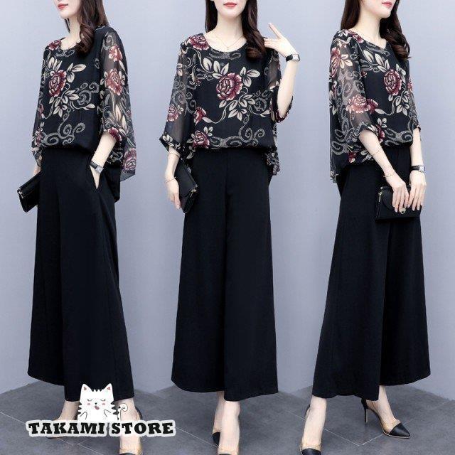 ● 商品名 ● かっこいいパンツドレス 袖あり 黒 セパレート セットアップ レディース パンツスーツ パーティードレス 結婚式 お呼ばれドレス 服装 パンツ ワイドパンツ 韓国 セットアップ 上下レディース 大きいサイズ 半袖 七分袖 黒...