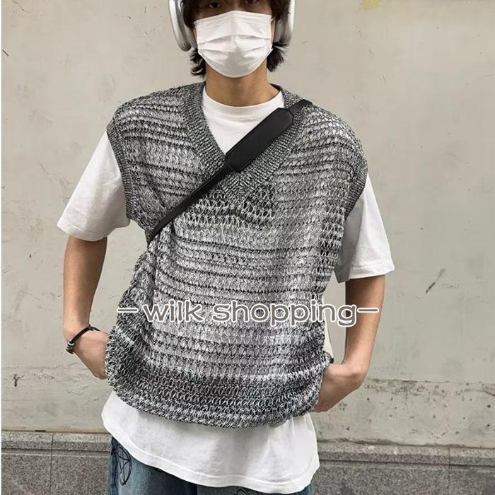 ニットベスト メンズ Vネック メッシュ編み 重ね着 プルオーバー セーター 無地 ノースリーブ トップス メンズファッション おしゃれ かっこいい シンプル 秋 冬 春 大人ger63【カラー】ブラック、ブルー【サイズ】L、XL、2XL【...