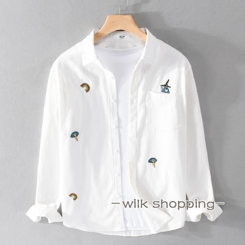 カジュアルシャツ メンズ 長袖 ポケット付き 刺しゅう入り デザイン 個性 羽織り スタイリッシュ ライトアウター おしゃれ キレイめ かっこいい トップス 春 秋 冬【品番】9633【色展開】ホワイト、ブラック【サイズ：cm】M ：肩幅4...