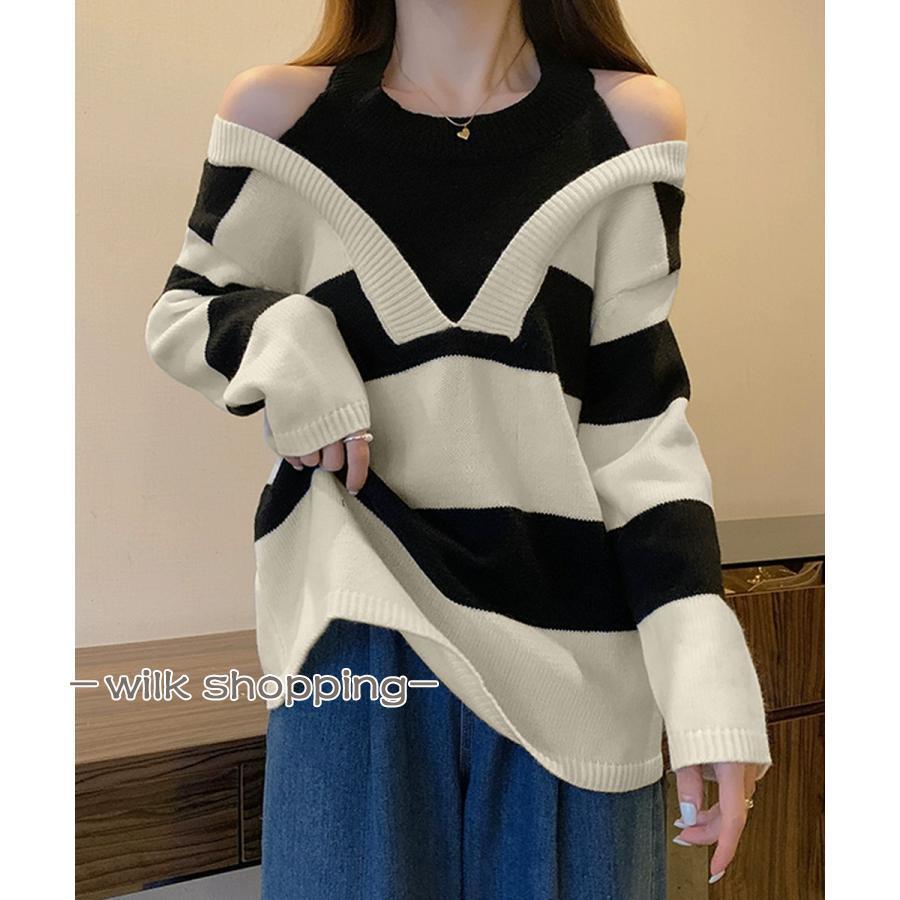 素材：ポリエステル65%+アクリル35%カラー：ブラック/グリーンサイズ：ワンサイズ着丈:約60cm 身幅:約51cm 胸囲:約102-150cm裏地：なし伸縮性：あり透け感：なし生産国：肩開き ニットプルオーバー レディース レイヤード風...