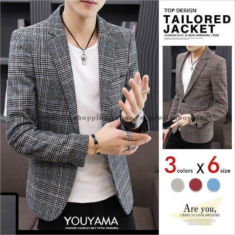 商品名 テーラードジャケット 紳士 メンズ スーツ スリム ブレザー カジュアル コート 上着 チェック 春秋 新作 レジャー アウター 実寸M:総長6cm、肩幅42cm、バスト2cm、袖丈62cm L:総長67cm、肩幅43cm、バストc...