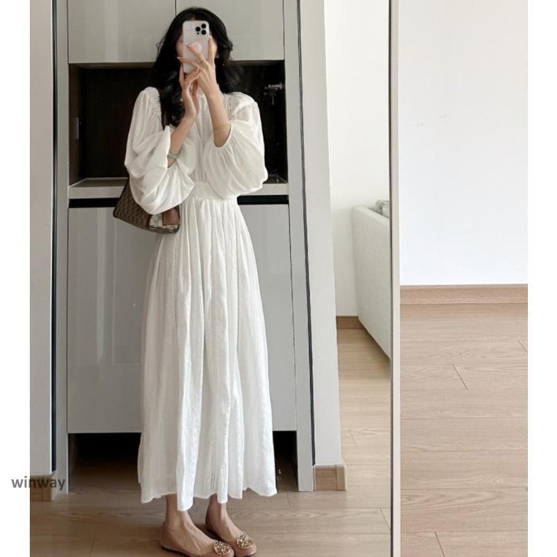 【素材】：ポリエステル【カラー】：ホワイト イー【サイズ】：（約）【連携キーワード】：ワンピース レディース 40代 マキシワンピース 春夏 長袖ワンピース 白ワンピース パフスリーブ ゆったり オシャレ結婚式ドレス お出かけ 大人可愛い 30代