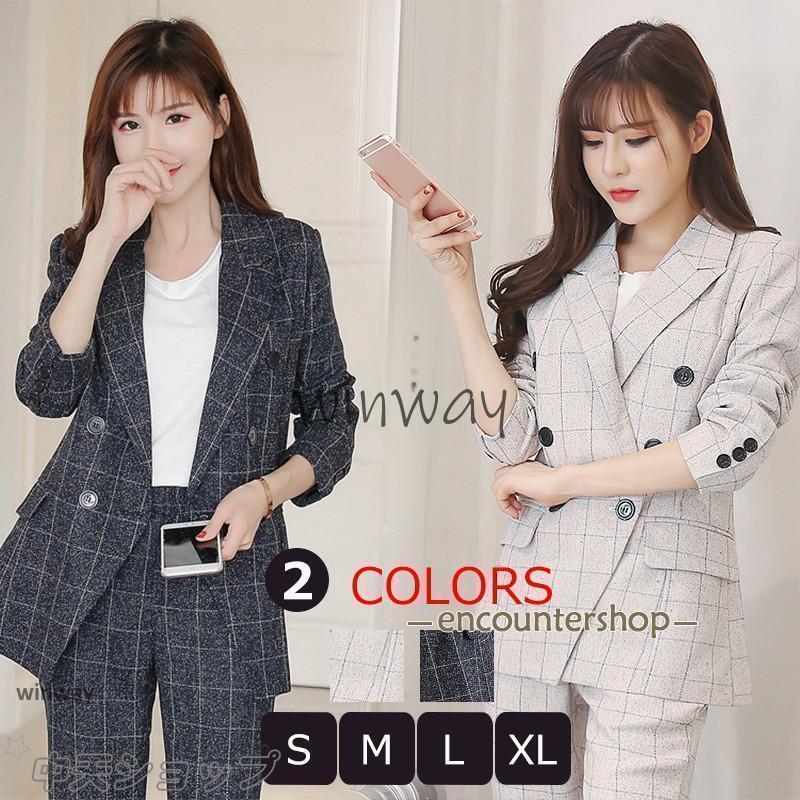 ◆パンツスーツ おしゃれ レディース 夏 秋 長袖 オフィス フォーマル リクルート チェック柄 ストレートパンツ 細身 着痩せ 卒業式 カジュアル お出かけ 披露宴パンツスーツ キャリアスーツ ジャケット+パンツ シンプル◆セット内容： ...