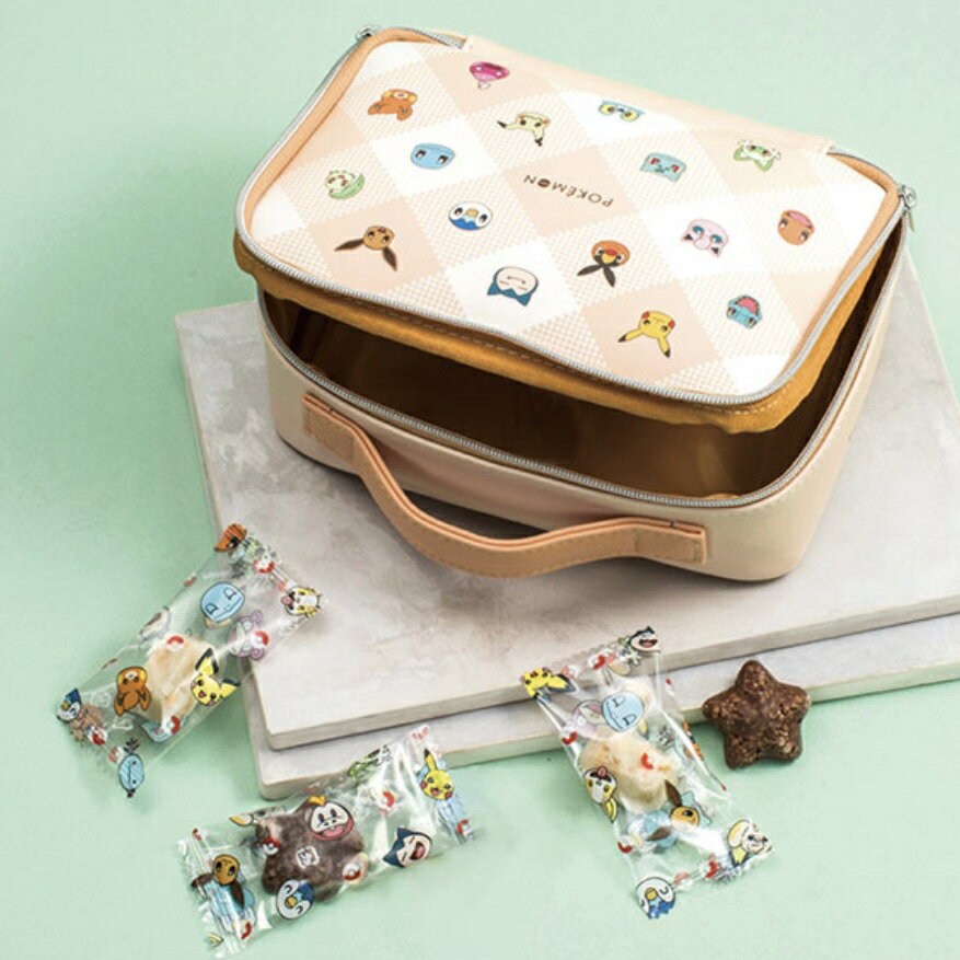 ■　商品紹介たくさんのポケモンたちをちりばめたデザインのバニティポーチとお菓子のセットです。 内容量　　5個／箱